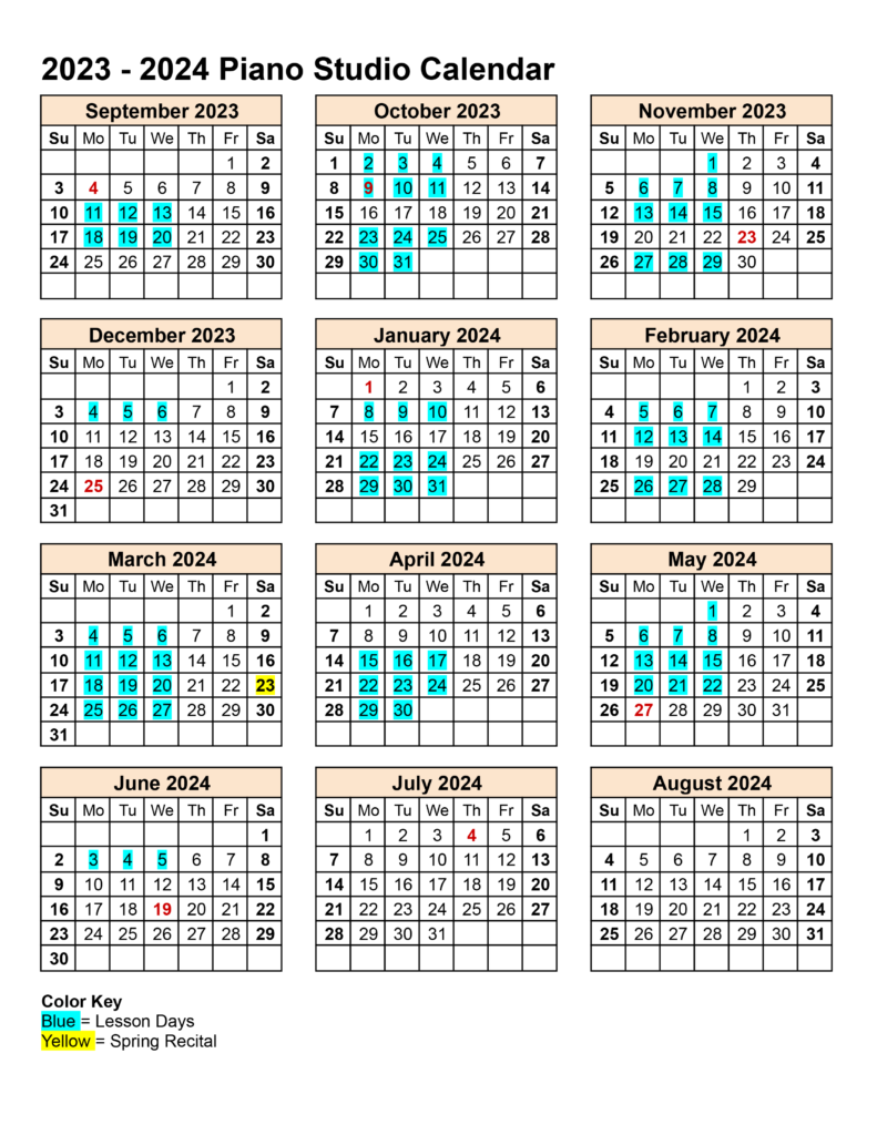 2023 - 2024 Piano Lesson Calendar - Virtual Piano Studio